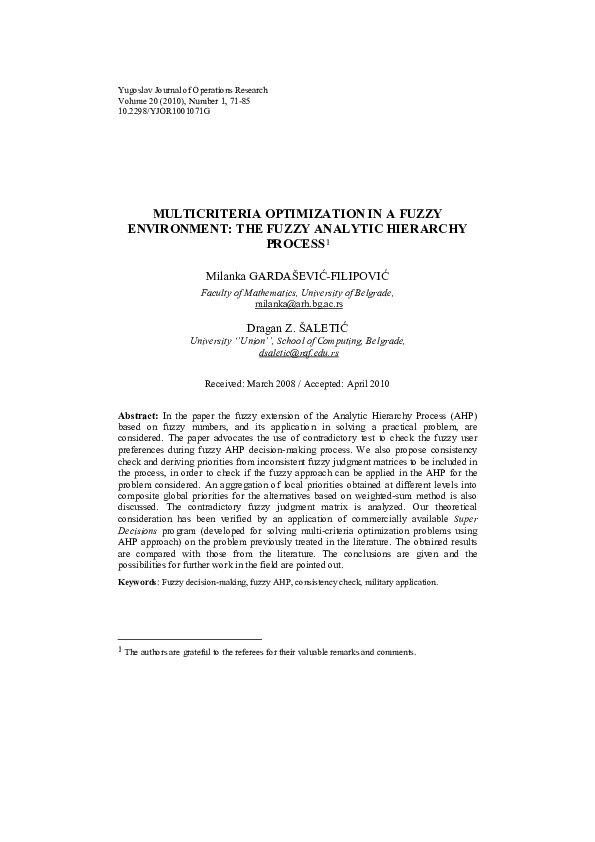 Pdf Multicriteria Optimization In A Fuzzy Environment The Fuzzy Analytic Hierarchy Process