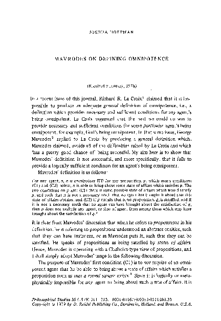 (PDF) Mavrodes on defining omnipotence | Joshua Hoffman - Academia.edu