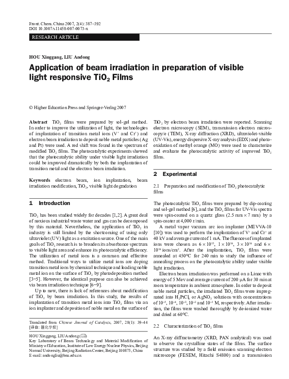 (PDF) Application of beam irradiation in preparation of visible light responsive TiO 2 films