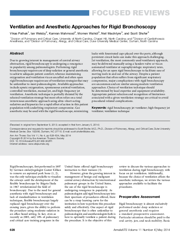 (PDF) Ventilation and Anesthetic Approaches for Rigid Bronchoscopy