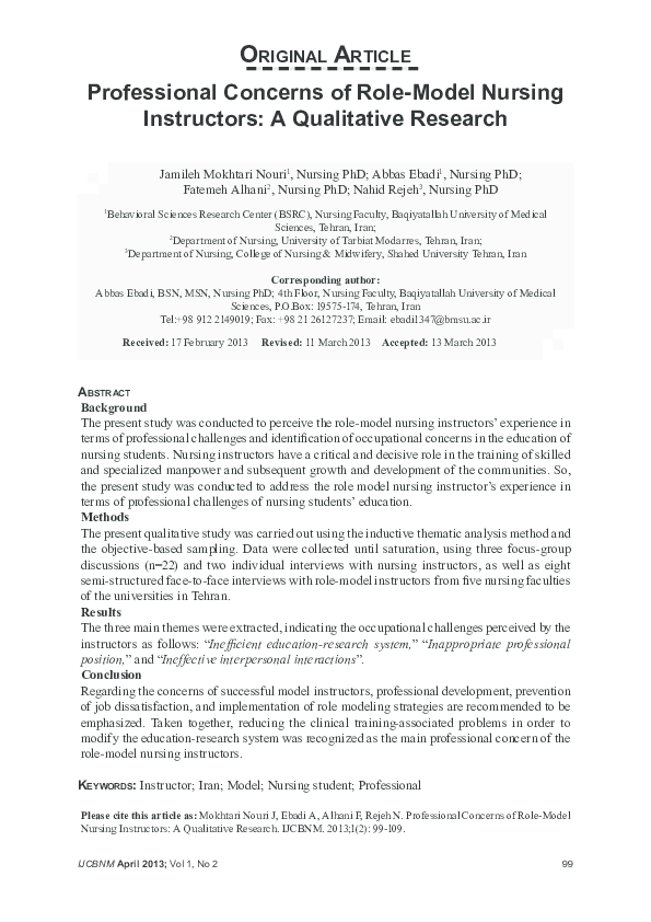 (PDF) Professional Concerns of Role-Model Nursing Instructors: A ...