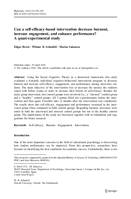 (PDF) Can a self-efficacy-based intervention decrease burnout, increase engagement, and enhance ...