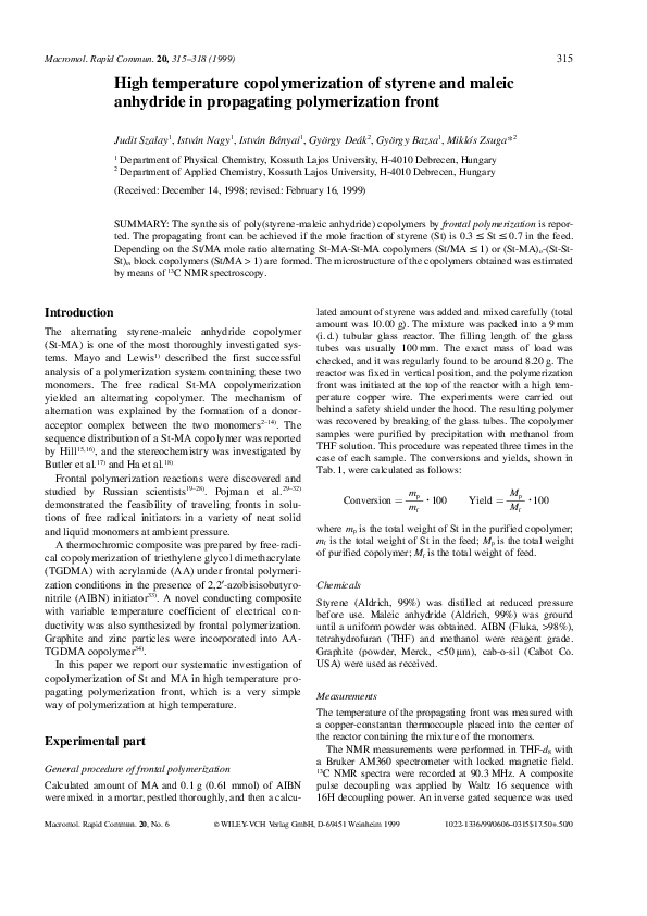 (PDF) High temperature copolymerization of styrene and maleic anhydride ...