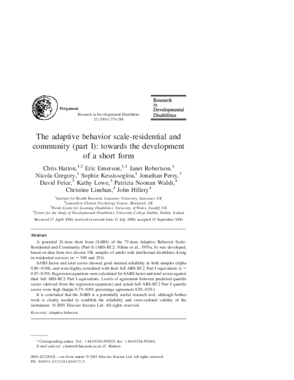(PDF) The adaptive behavior scale-residential and community (part I ...