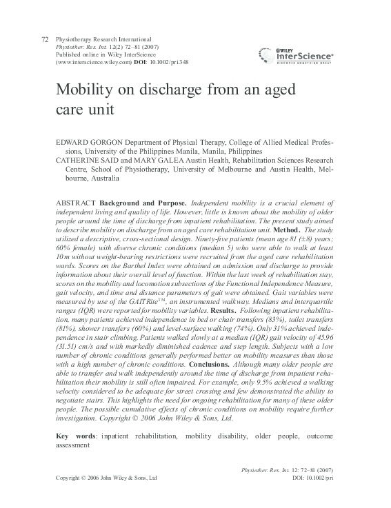 (PDF) Mobility on discharge from an aged care unit