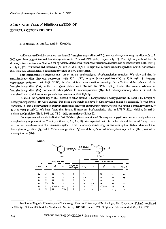 (PDF) Acid-catalyzed N-debenzylation of benzylaminopyridines