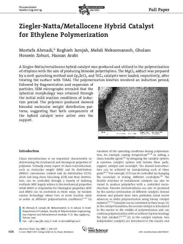 (PDF) Ziegler-Natta/Metallocene Hybrid Catalyst for Ethylene Polymerization
