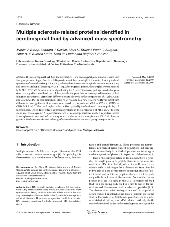 (PDF) Multiple sclerosis-related proteins identified in cerebrospinal ...