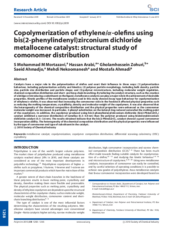 (PDF) Copolymerization of ethylene/α-olefins using bis(2-phenylindenyl ...