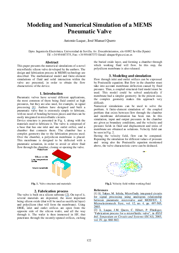 (PDF) Modeling and numerical simulation of a MEMS pneumatic valve
