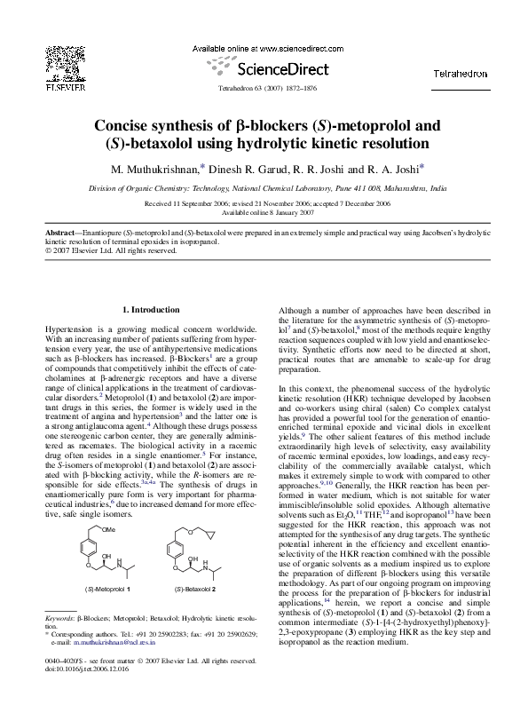 (PDF) Concise synthesis of β-blockers ( S)-metoprolol and ( S ...