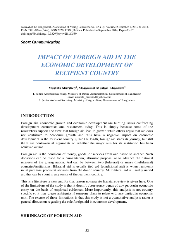 (PDF) Impact of Foreign Aid in the Economic Development of Recipient ...