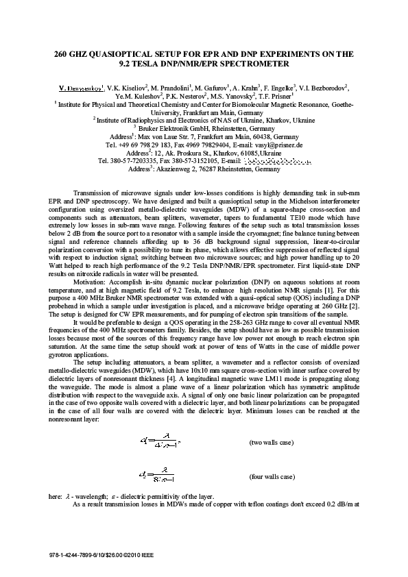 (PDF) 260 GHz quasi optical setup for EPR and DNP experiments on the 9. ...
