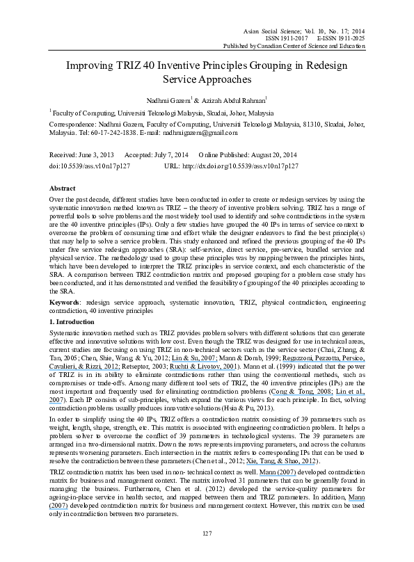 (PDF) Improving TRIZ 40 Inventive Principles Grouping in Redesign Service Approaches