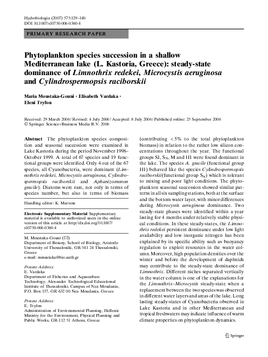 (PDF) Phytoplankton species succession in a shallow Mediterranean lake ...