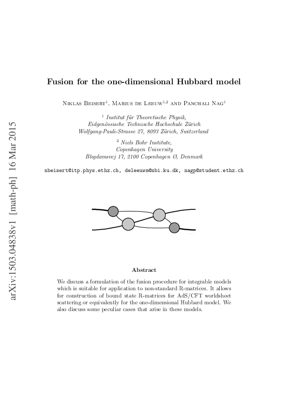 (PDF) Fusion for the one-dimensional Hubbard model | Panchali Nag ...