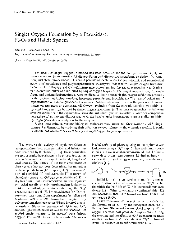 (PDF) Singlet Oxygen Formation by a Peroxidase, H2O2 and Halide System
