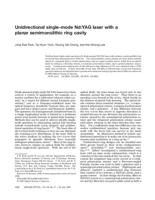 (PDF) Unidirectional Single-Mode Nd:YAG Laser with a Planar Semimonolithic Ring Cavity