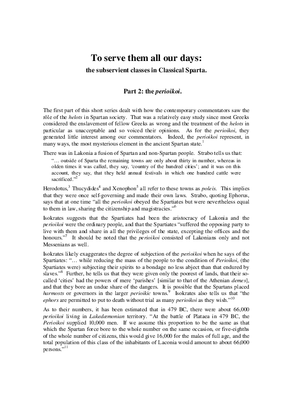 (PDF) The subservient classes in Classical Sparta - Part 2: the Perioikoi