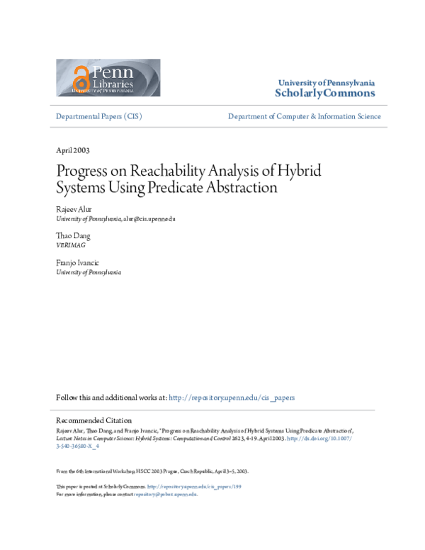 Pdf Progress On Reachability Analysis Of Hybrid Systems Using Predicate Abstraction