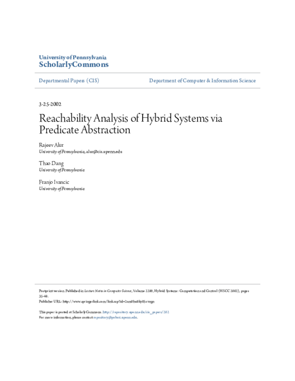 Pdf Reachability Analysis Of Hybrid Systems Via Predicate Abstraction