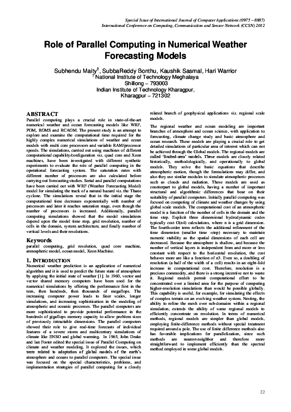 Pdf Role Of Parallel Computing In Numerical Weather Forecasting Models