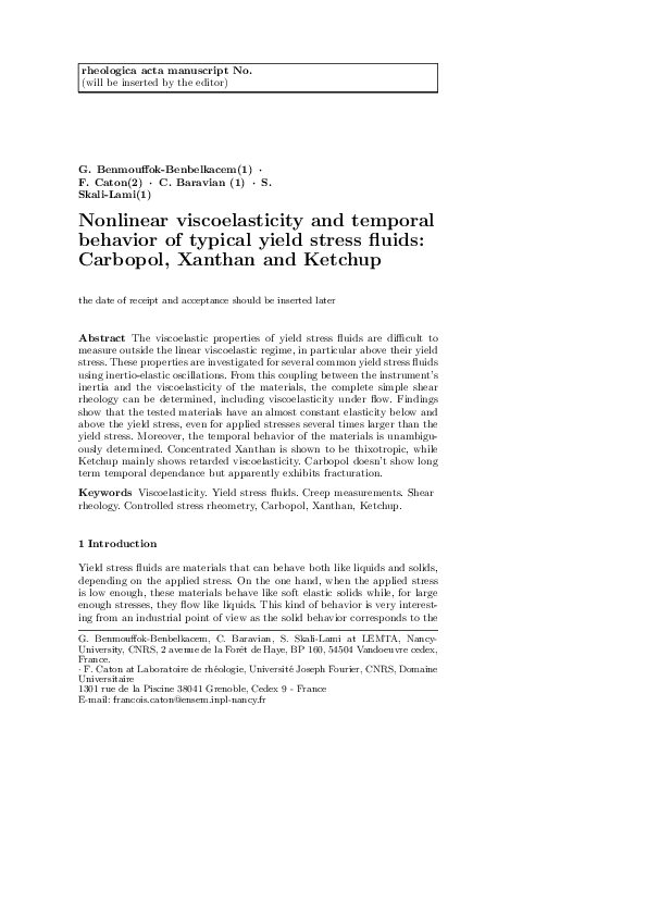 (PDF) Non-linear viscoelasticity and temporal behavior of typical yield stress fluids: Carbopol ...