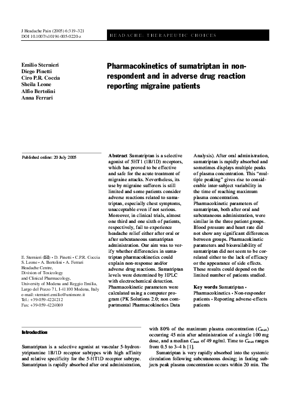 (PDF) Pharmacokinetics of sumatriptan in non-respondent and in adverse ...