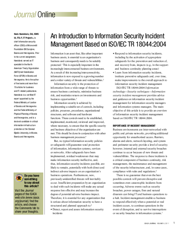 (PDF) An Introduction to Information Security Incident Management Based on ISO/IEC TR 18044:2004