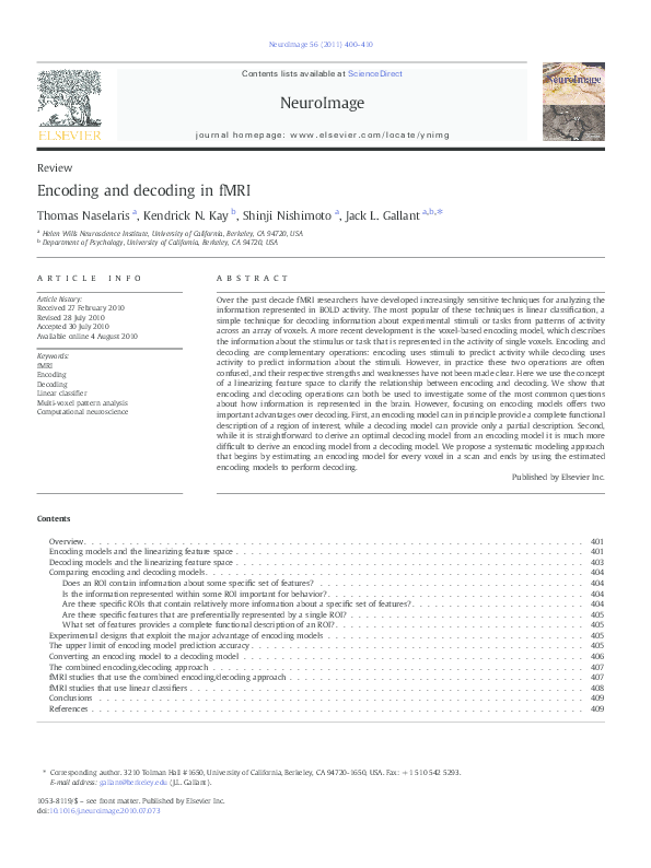 (PDF) Encoding and decoding in fMRI