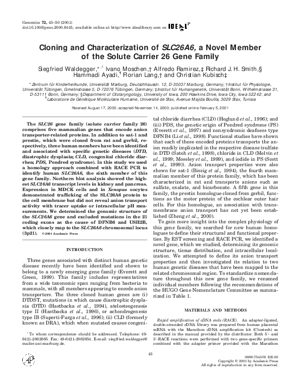 (PDF) Cloning and Characterization of SLC26A6, a Novel Member of the ...
