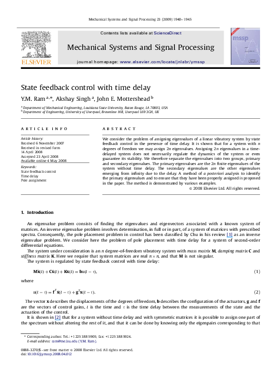 (PDF) State feedback control with time delay | Akshay Singh - Academia.edu
