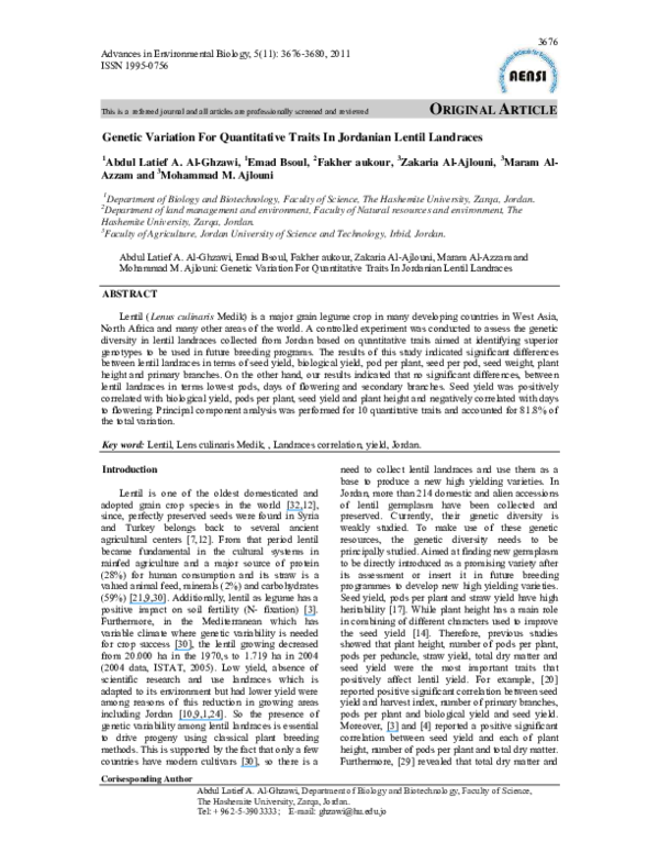 (PDF) Genetic Variation For Quantitative Traits In Jordanian Lentil ...