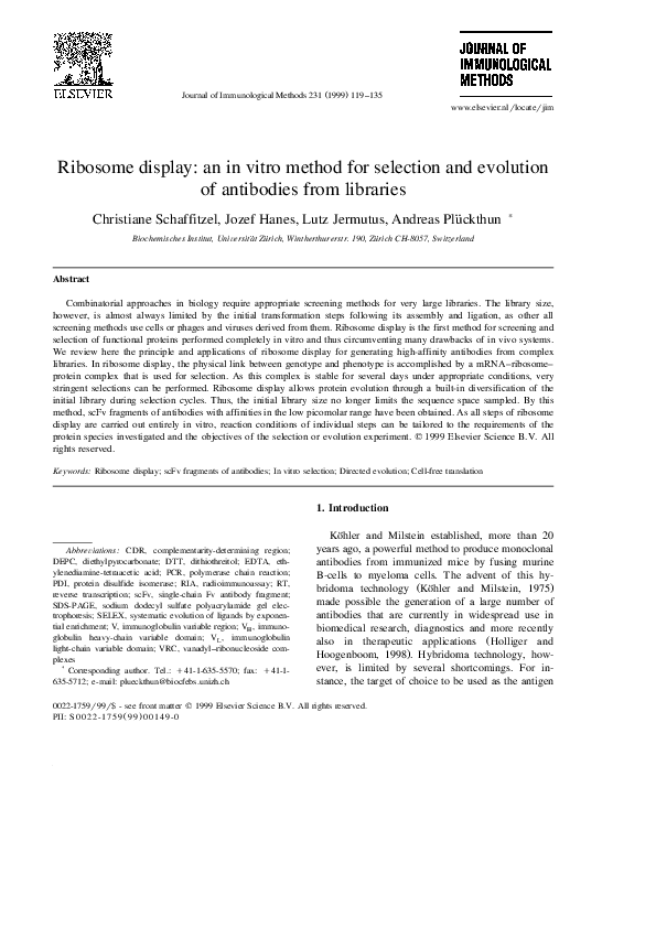 Ribosome display: an in vitro method for selection and evolution of ...