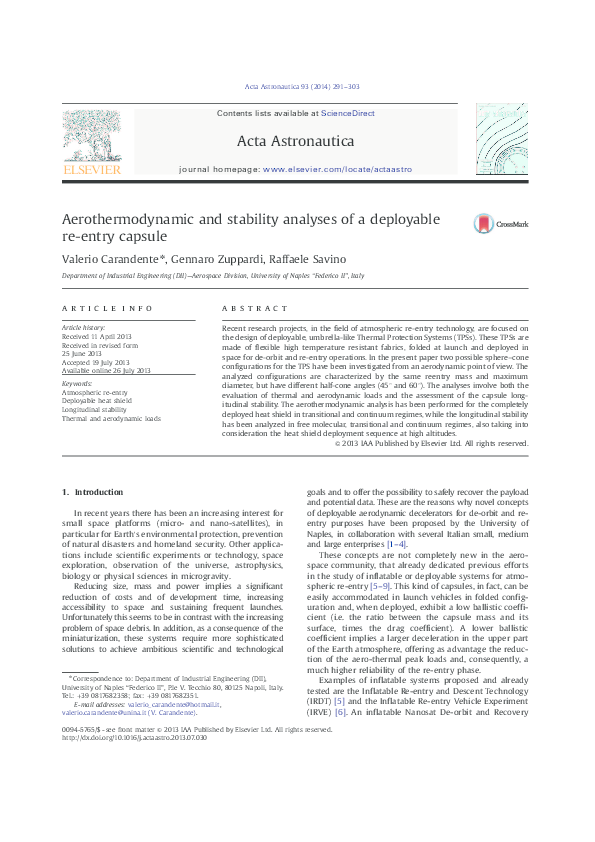 (PDF) Aerothermodynamic and stability analyses of a deployable re-entry ...