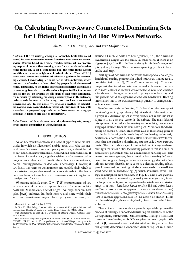(PDF) On Calculating Power-Aware Connected Dominating Sets for Efficient Routing in Ad Hoc ...