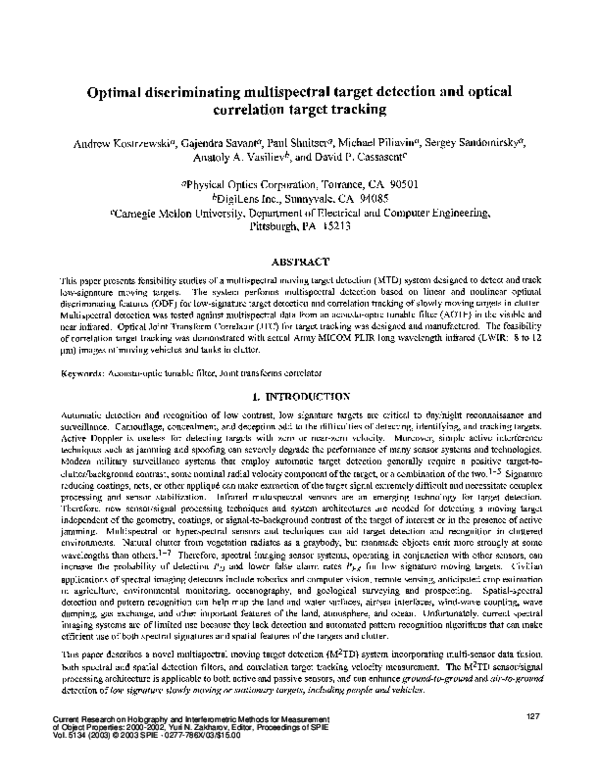 Pdf Optimal Discriminating Multispectral Target Detection And Optical Correlation Target Tracking 