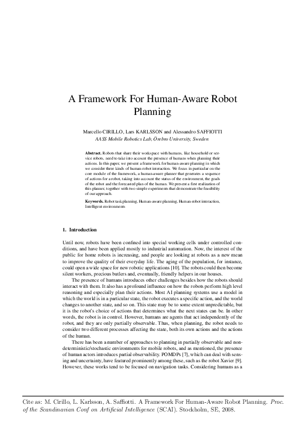 (PDF) A framework for human-aware robot planning | Alessandro Saffiotti ...