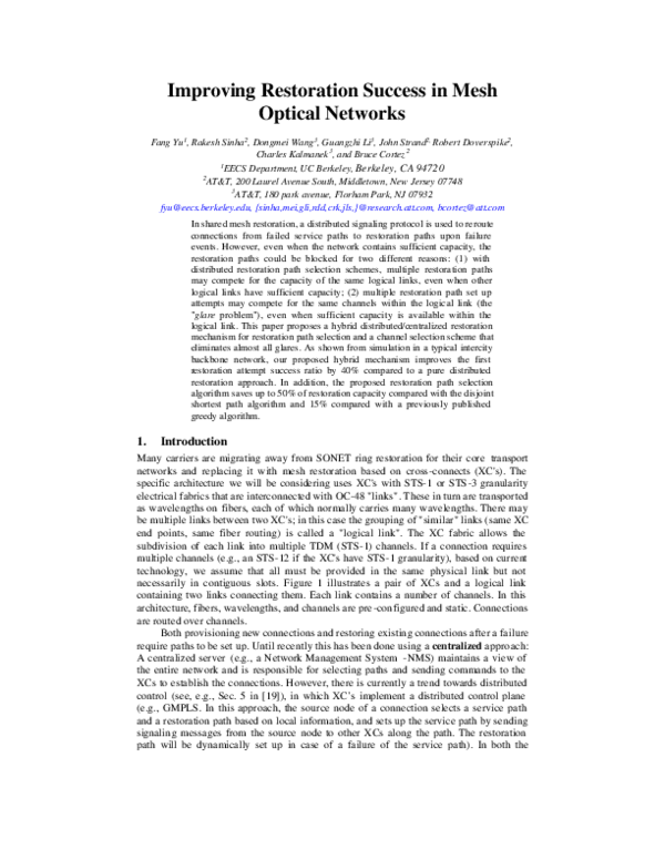 Pdf Improving Restoration Success In Mesh Optical Networks Invited
