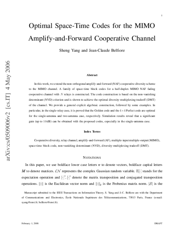 Pdf Optimal Space Time Codes For The Mimo Amplify And Forward