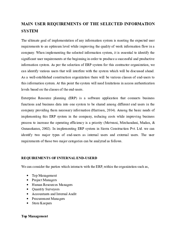 (DOC) MAIN USER REQUIREMENTS OF THE INFORMATION SYSTEMS