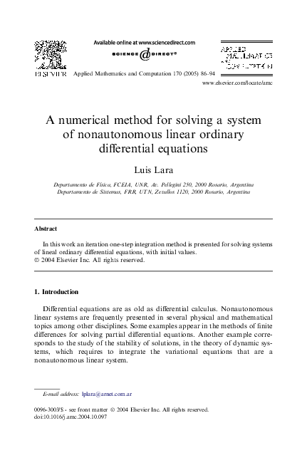 (PDF) A numerical method for solving a system of nonautonomous linear ordinary differential ...