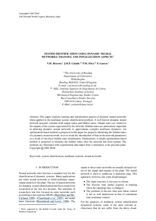 (PDF) System identification using dynamic neural networks: Training and initialization aspects