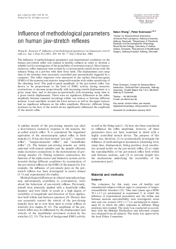 (PDF) Influence of methodological parameters on human jaw-stretch reflexes | Kelun Wang ...
