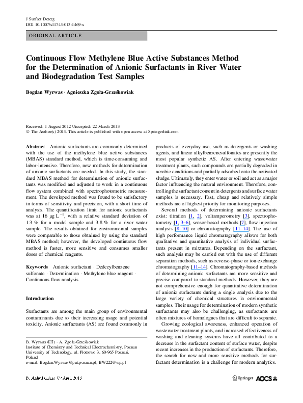 Pdf Continuous Flow Methylene Blue Active Substances Method For The Determination Of Anionic