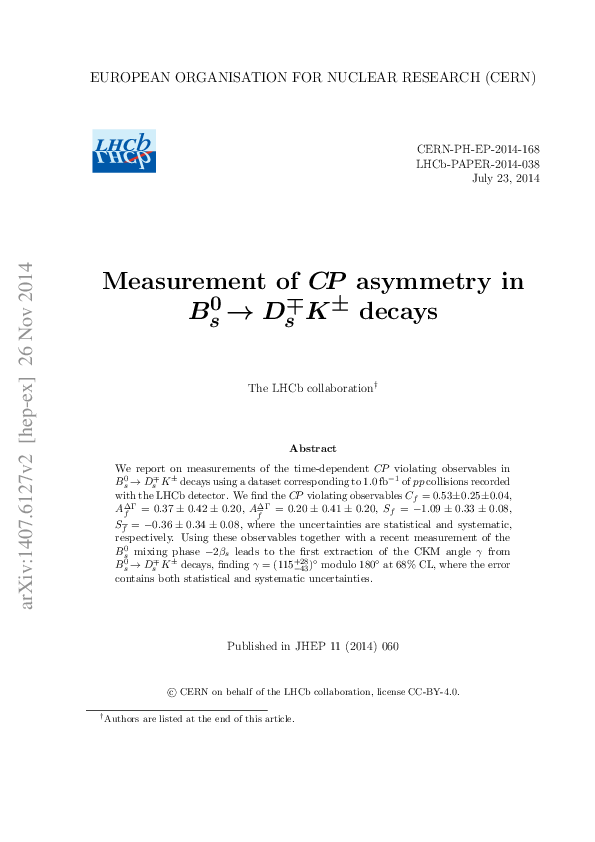 (PDF) Measurement of CP asymmetry in $B^0_s \rightarrow D^{\mp}_s K^{\pm}$ decays
