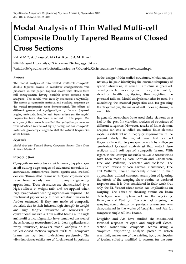 (PDF) Modal Analysis of Thin Walled Multi-cell Composite Doubly Tapered Beams of Closed Cross ...