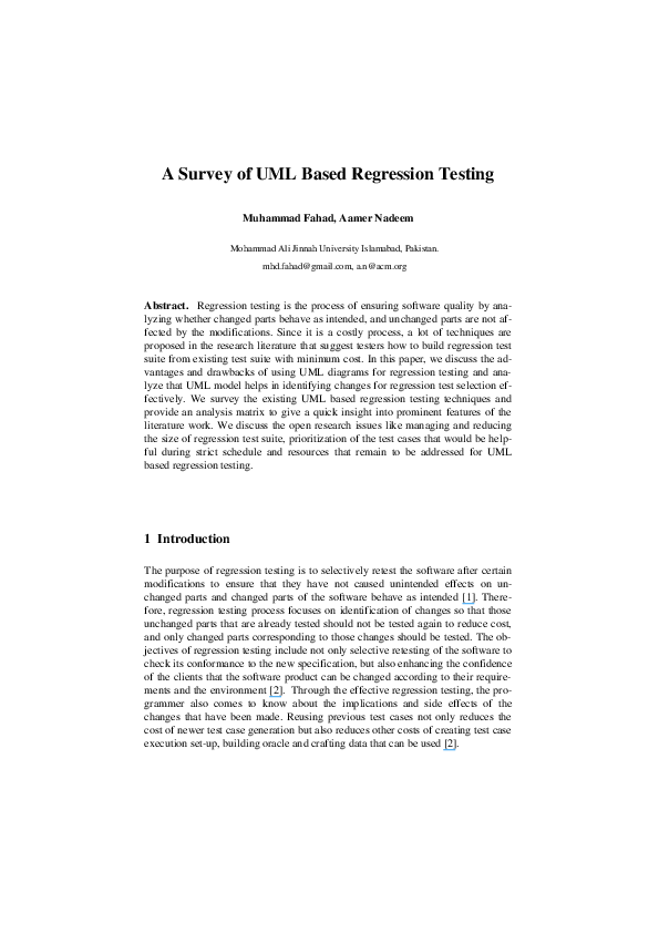 Pdf A Survey Of Uml Based Regression Testing