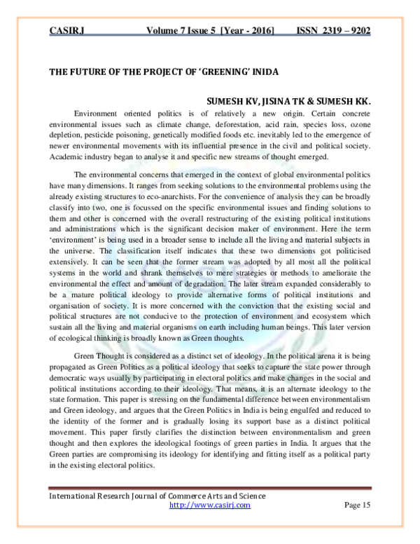 (PDF) THE FUTURE OF THE PROJECT OF 'GREENING' INIDA SUMESH KV, JISINA ...