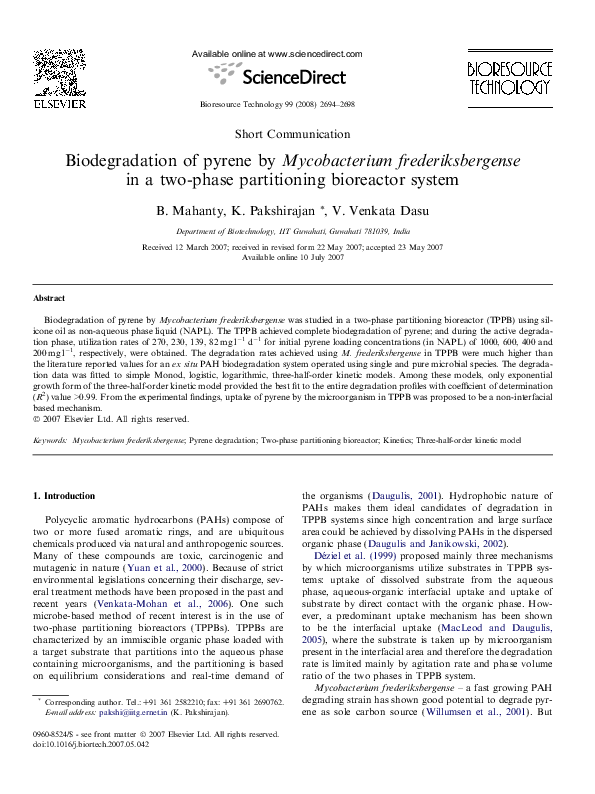 (PDF) Biodegradation of pyrene by Mycobacterium frederiksbergense in a ...